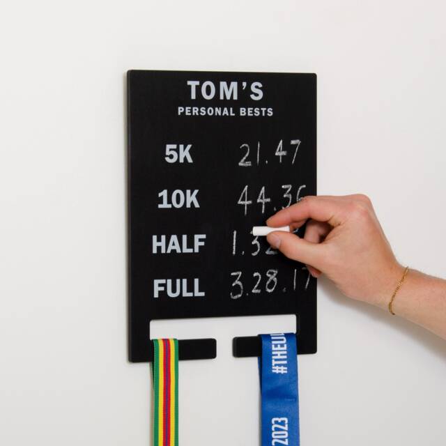 Personalised Running Time & Medal Chalkboard - Runner Gift Custom ...