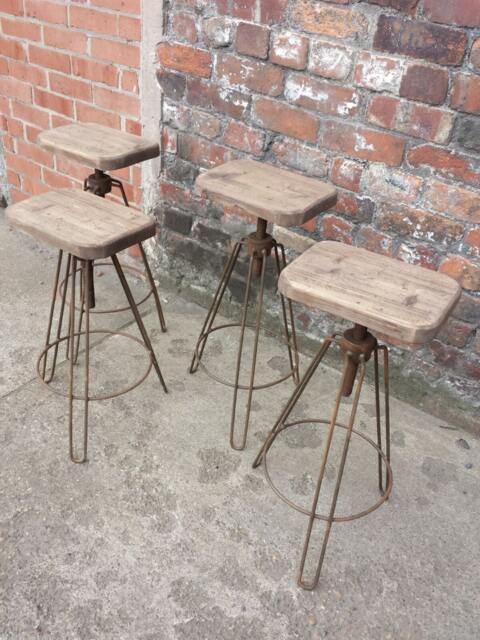 Industrial Hair Pin Leg Stool. Adjustable Height Steel & Reclaimed Wood ...