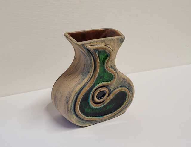 Hand Made Natural & Matt Blue Ceramic & Inlaid Green Glass Pottery Vase ...