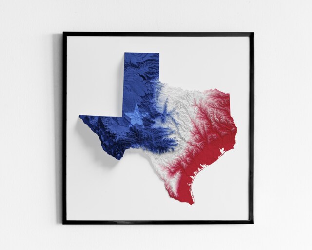 Texas - Shaded Relief Map Flag Colours by Etsy | ufurnish.com