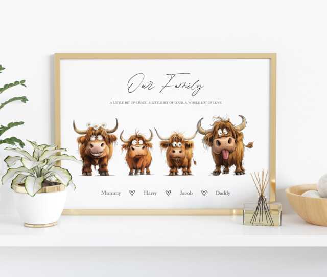 Highland Cow Personalised Family Print, Custom Funny Farm Animal ...