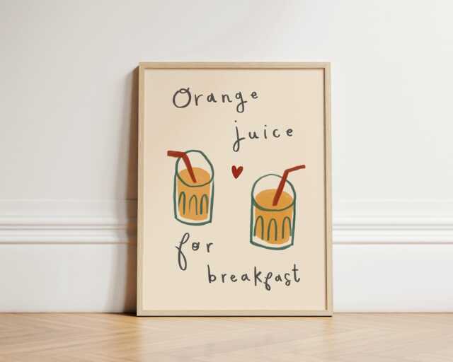 Orange Juice Print, Breakfast Kitchen Art, Illustration Wall Boho Art ...