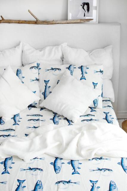 Fisherman Linen Fitted Sheet - With Sea Fish King Queen Full Double ...