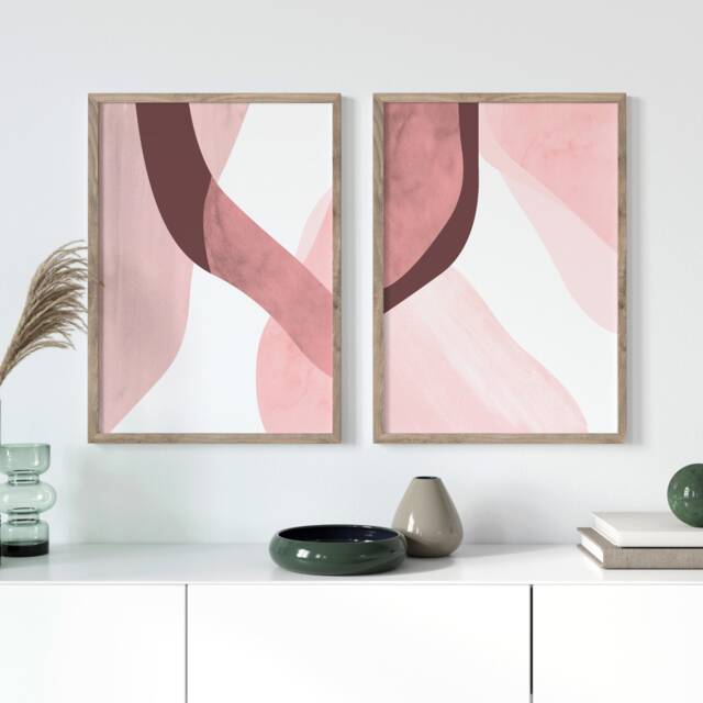 Pink Abstract Wall Art - Two Prints Living Room Green Bedroom Decor ...