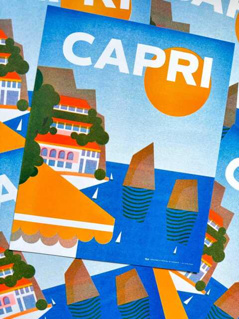 Coastal Capri Charm Retro Graphic Risograph Poster Of Cliffs & Seaside ...