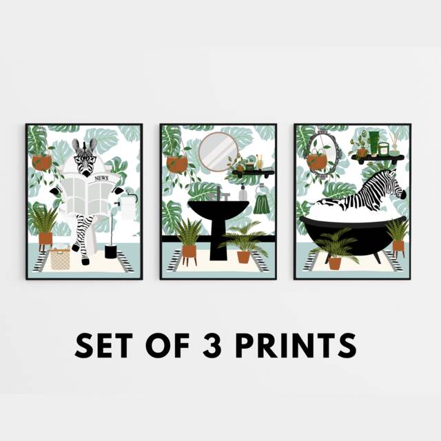 Set Of 3 Zebras Botanical Animal Prints, in Bath Wall Art, Green & Blue ...