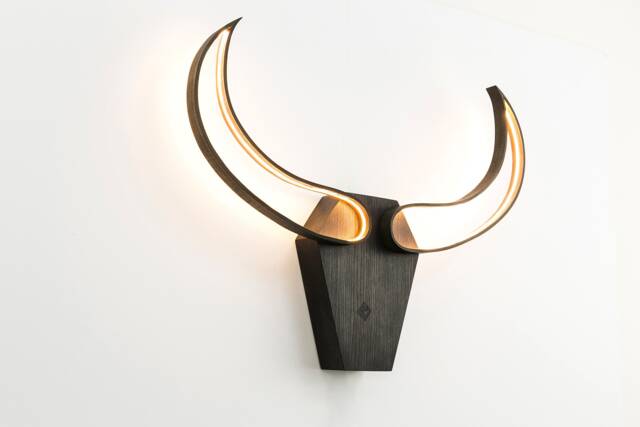 Bull Head Led Wall Light - Wooden Horn Sconce Skull Lamp Teak & Metal ...