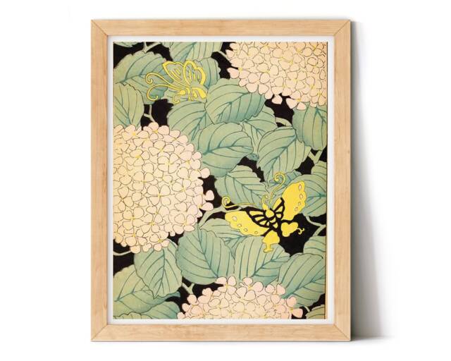 Butterflies & Hydrangeas Japanese Print, Antique Floral Butterfly ...