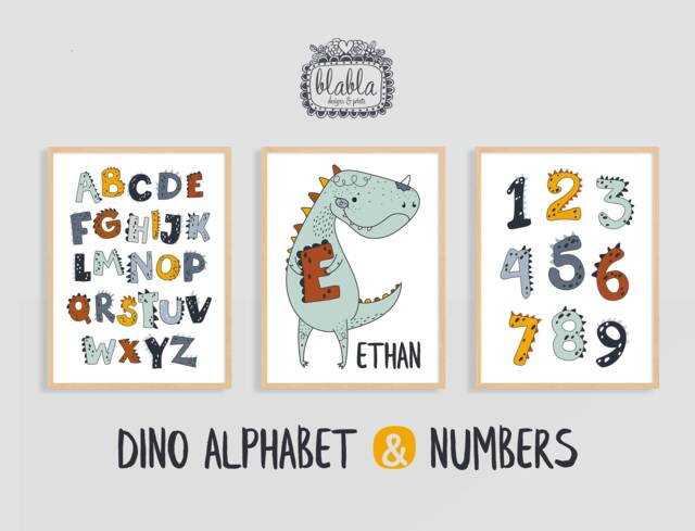 Personalized Dino Alphabet & Numbers Posters, Kids Nursery Decor by ...