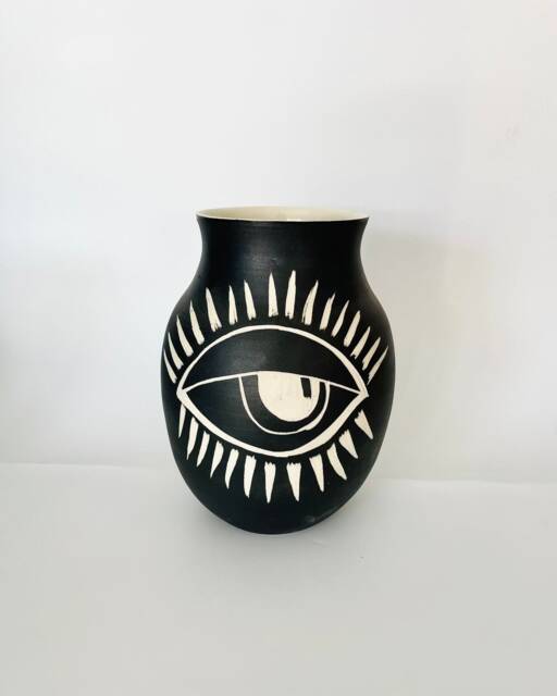 Evil Eye Vase, Black White Ceramic Decor, Evel Porcelain Sgraffito ...