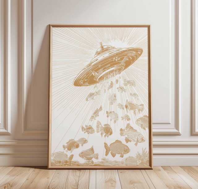 Fish Abduction Ufo Poster - Surreal Gold Line Art Print, Whimsical ...