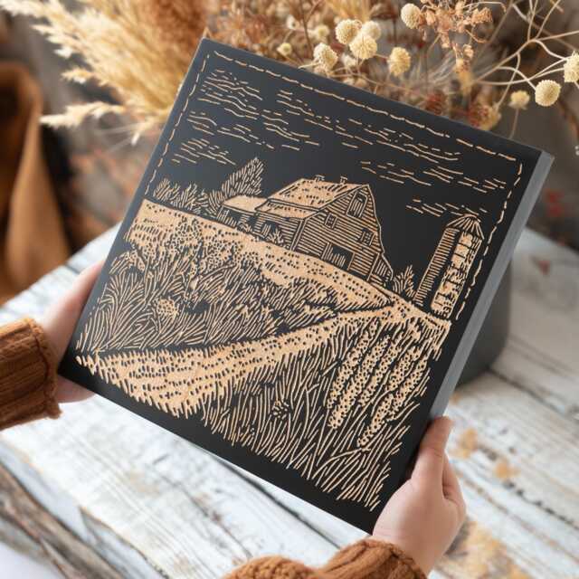 Farm Barn & Silo Engraved Wood Wall Art Panel - Linocut Block Print ...