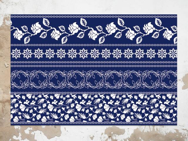 Bohemian Borders White Floral Vinyl Mat, Blue Floor Rug, Antique ...