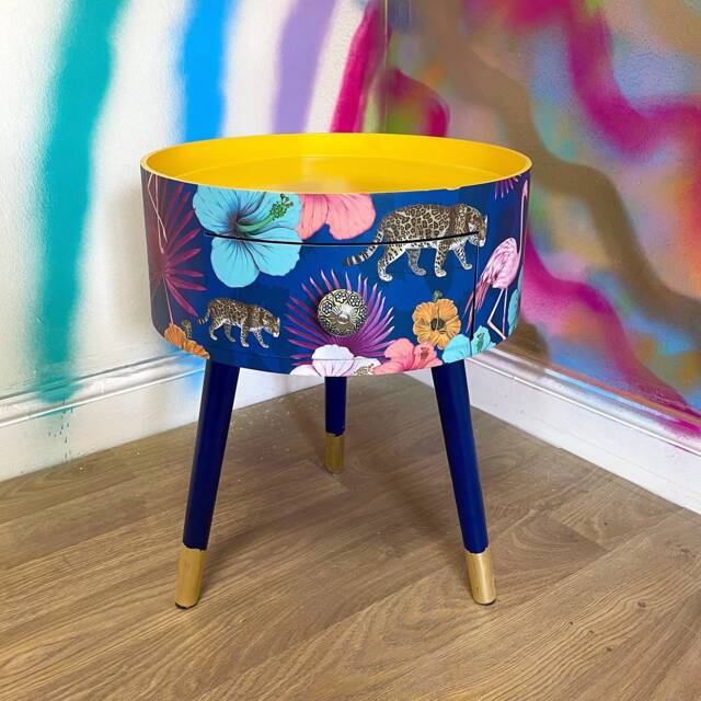 Round Bedside Table With Drawer, Navy & Yellow Nightstand Tropical ...