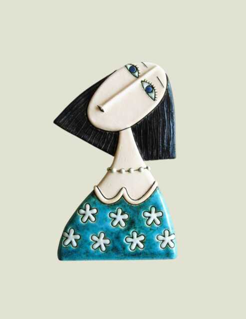Whimsical Woman Wall Art - Handmade Ceramic Girl With Blue Dress ...