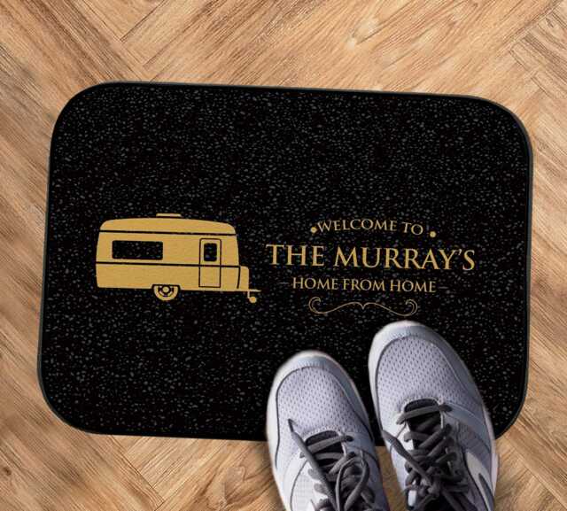 Personalised Caravan Mat - Black/Gold , Mobile Caravan Camping Door ...