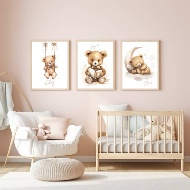 Teddy Bear Nursery Prints, Wall Picture, Art, Neutral Decor, Set Of ...