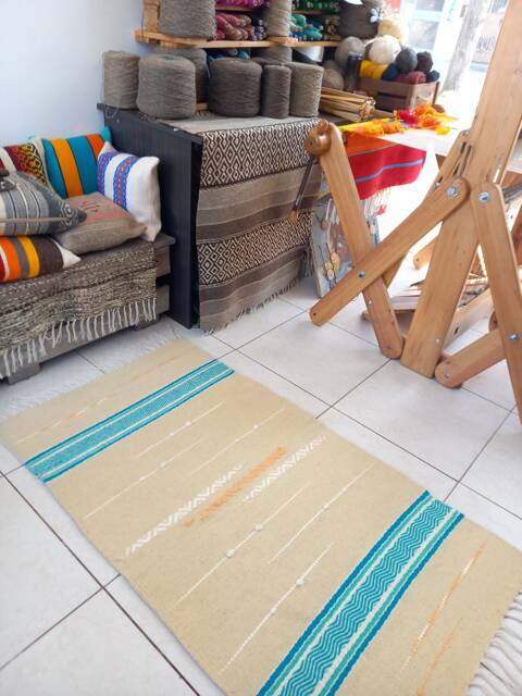 Cream Rug With Blue Accents, Handwoven On A Floor Loom Using Natural ...