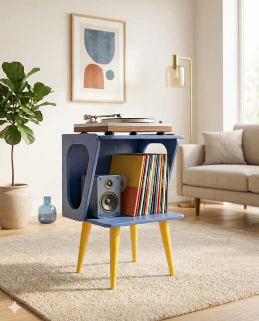 Mid Century Record Player Stand Blue & Yellow, Vinyl Storage Cabinet ...