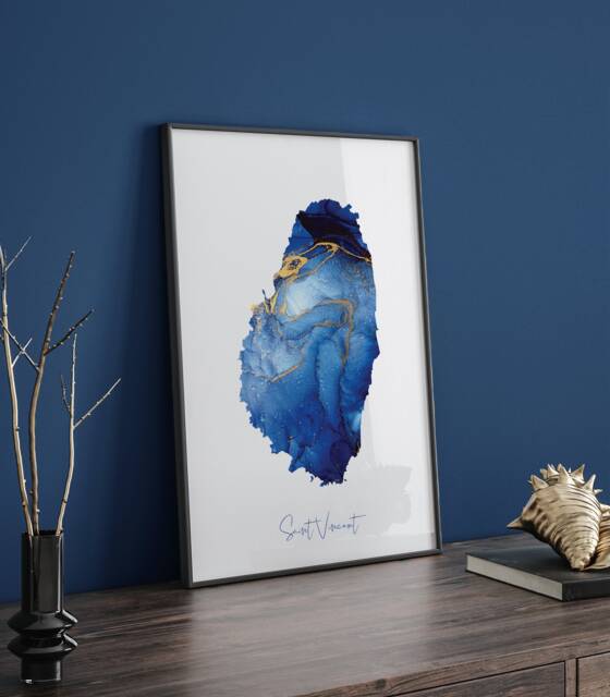 Saint Vincent Map Blue & Gold Wall Art Print by Etsy | ufurnish.com