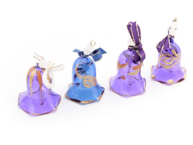 4 Hand Decorated Mini Glass Bell Christmas Tree Ornaments Blues Gold by ...