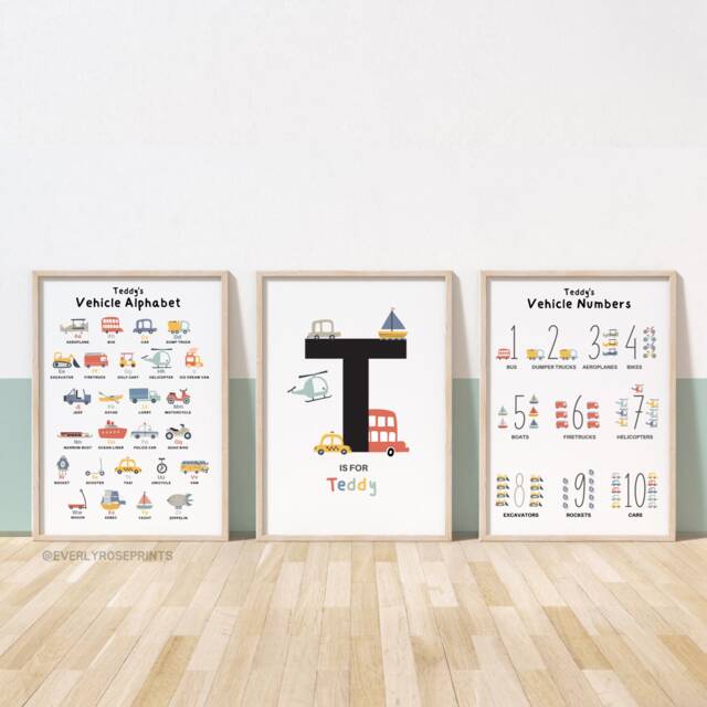 Set Of 3, Vehicle Alphabet, Transportation Numbers, Educational Prints ...