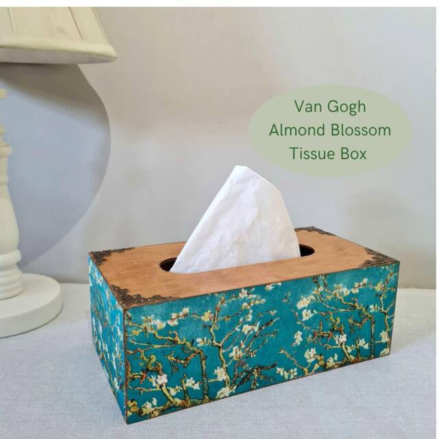Van Gogh Almond Blossom Tissue Box, Turquoise Floral Cover, Large Wood ...