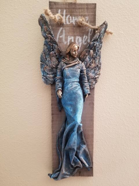 Blue Angel On Reclaimed Cedar Wood Plank - Powertex Angel Farmhouse ...