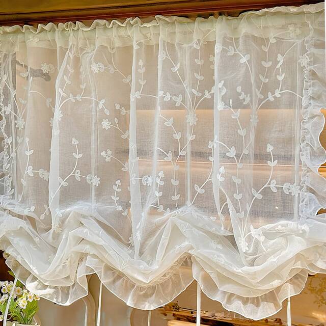 White Lace Pull-Up Curtain With Floral Embroidery, Elegant Adjustable ...