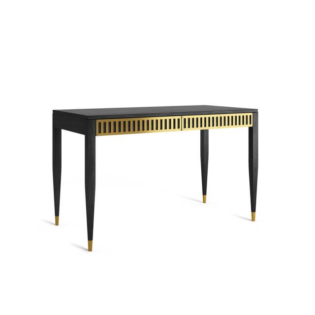 Black Oak Office Desk With Two Solid Drawers Brass Fronts, Mid Century ...