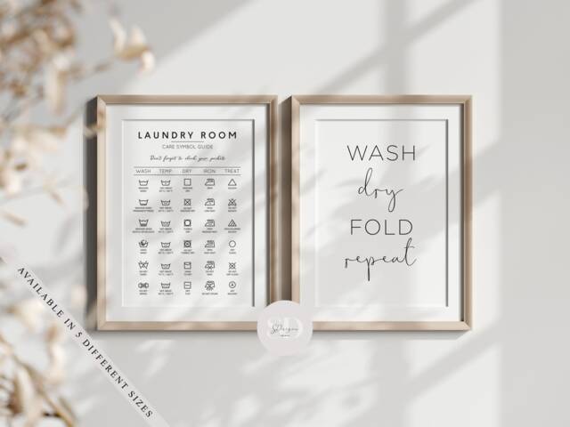 Laundry Utility Room Set Of 2 Quote Prints, Washing Care Symbol Guide ...