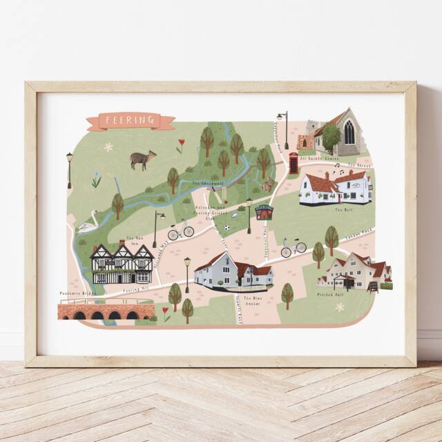 Feering Map, Illustrated Map Of Feering, Poster, Print, Art ...