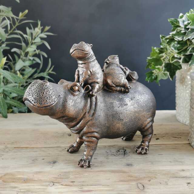 Bronze Effect Happy Hippo Figurine With Babies, Gift, Hippopotamus ...