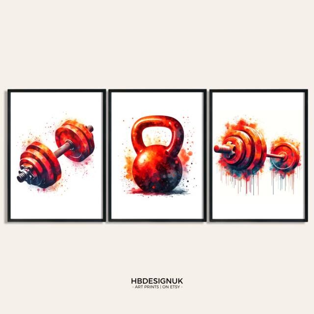 Dumbell Poster - Set Of 3 Gym Posters - Workout Watercolor Design ...