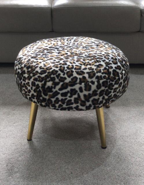 Snow Leopard Print Footstool - Round Ottoman With Gold Metal Legs by ...