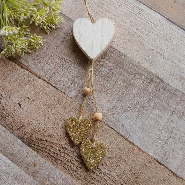 White Wooden Hanging Heart Decoration With Gold Glitter Hearts - The ...