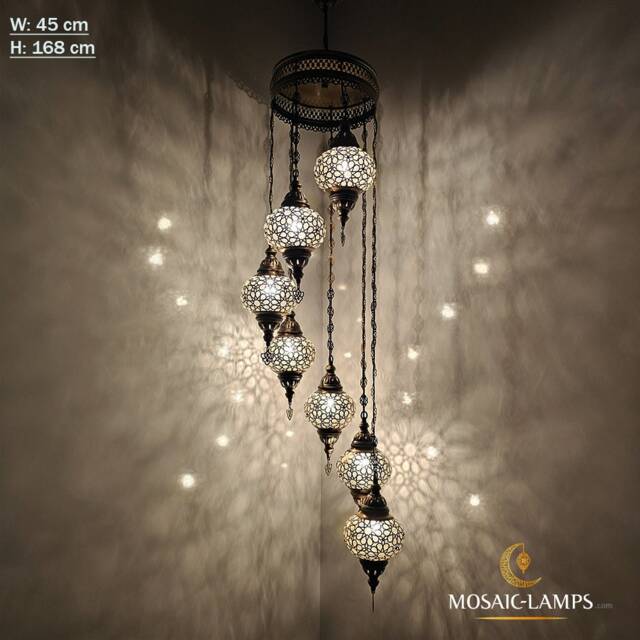 7 Globe Ottoman Spiral Chandeliers, Laser Metal Blown Lamp, Moroccan ...