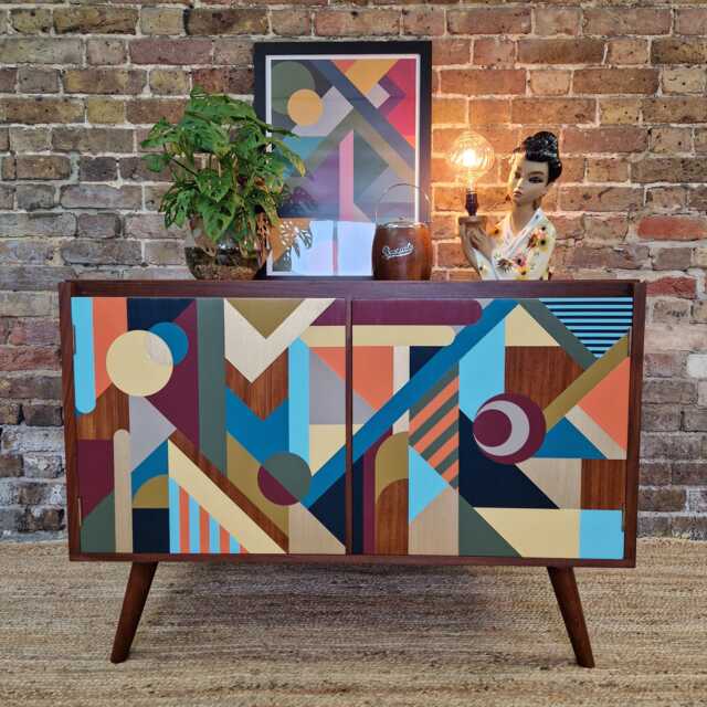 Custom Painted Geometric Mid Century Sideboard, Bespoke Design, Unique ...