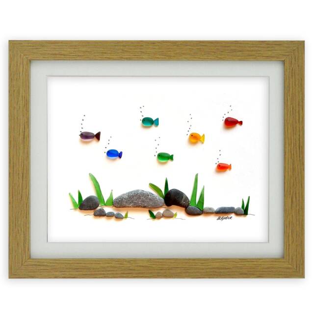 Sea Glass Art - Rainbow Fish Seaglass & Pebble Picture Framed Unique ...