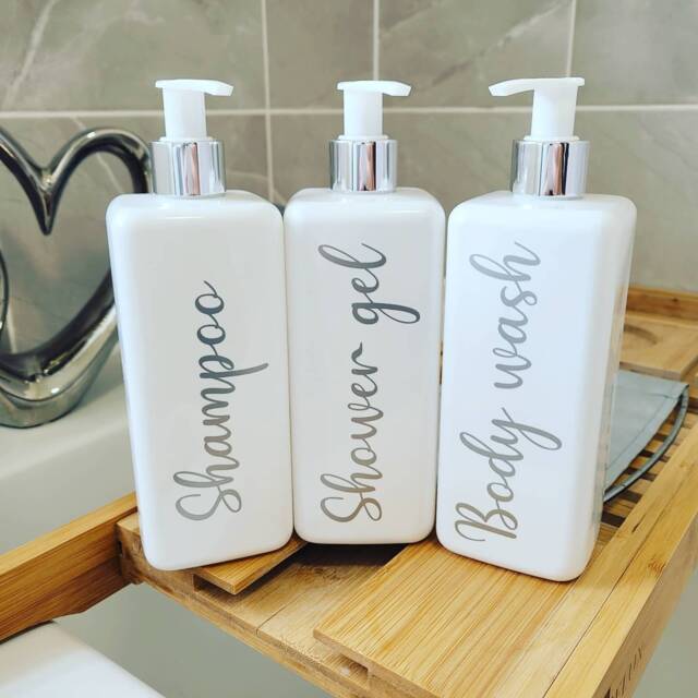 Mrs Hinch Inspired Reusable Bottles, White Square Pump Shampoo ...