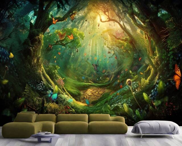 Fantasy Enchanted Forest Butterflies Flowers Gift, Art Print Photomural ...