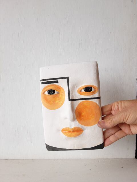 Cubist Style Mask Wall Sculpture in Black White & Orange Palette, Art ...