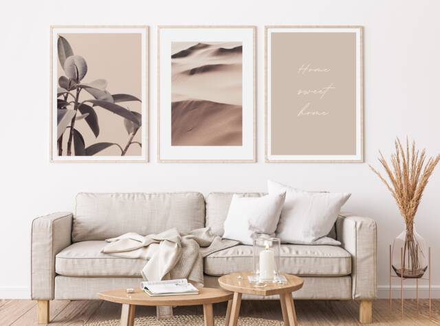 Set Of 3 Neutral Beige Wall Art Prints, Home Sweet Quote, Botanical ...