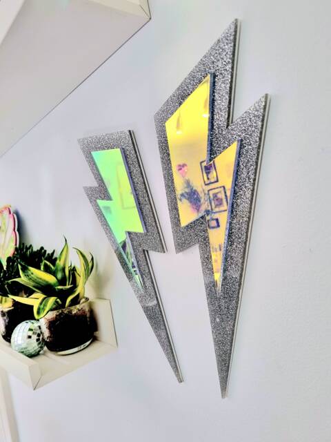 Iridescent Holographic Lightning Bolt Wall Art - Thunderbolt Silver ...