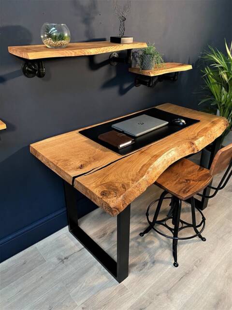 English Pippy Oak Live Edge Resin Infill Executive Desk - Industrial ...