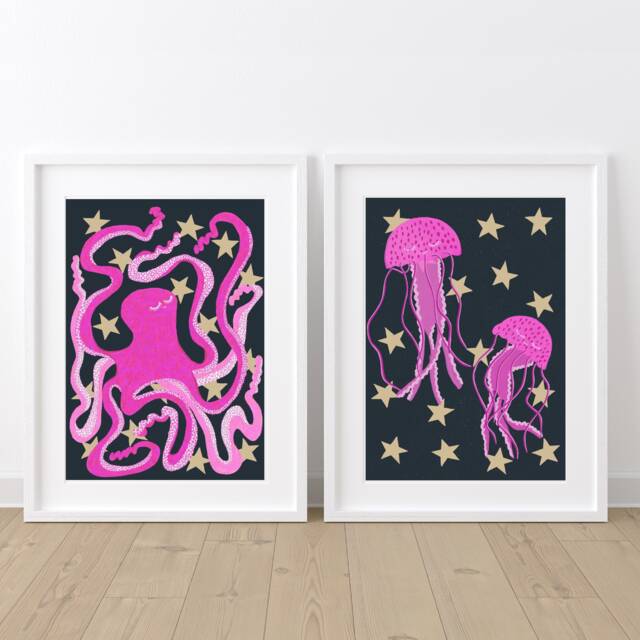 Pink Sea Creatures Jellyfish & Octopus Colourful Wall Art - Set Of 2 ...