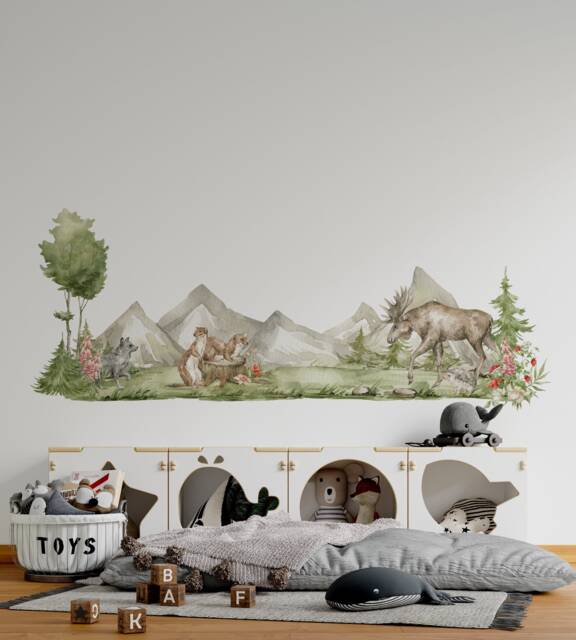 Forest Wall Decals, Mural, Woodland Decal, Decoration, Wolf Theme, Roe ...