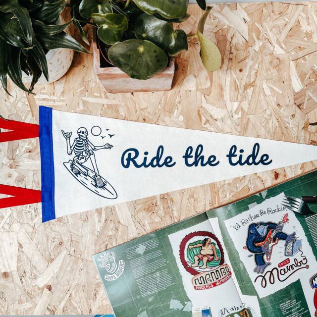Ride The Tide Pennant Flag/Felt Pennant Wall Decor Skeleton Surfer Boho ...