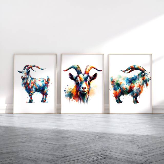 Colourful Goat Poster Set - 3 Prints - Watercolour Print Paintings ...