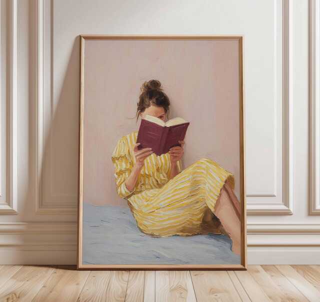 Reading Wall Art - Woman in Yellow Dress Poster Relaxing Modern ...